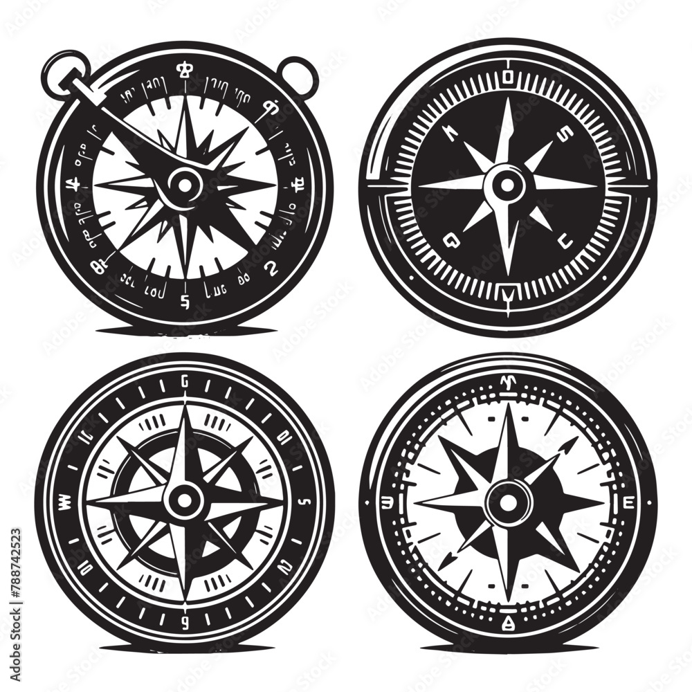 compass icon silhouette set, Classic Compass Icon, Black & White ...