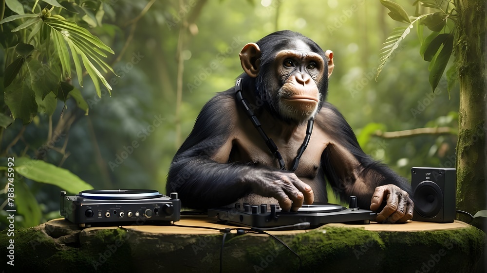 A chimpanzee DJ, perched atop a tree branch, surrounded by a lush ...