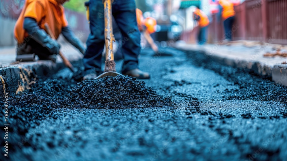 Road construction workers laying asphalt on a newly repaired street ...