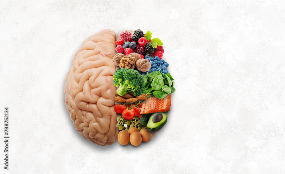 Brain health concept, healthy food for brain on bright background ...