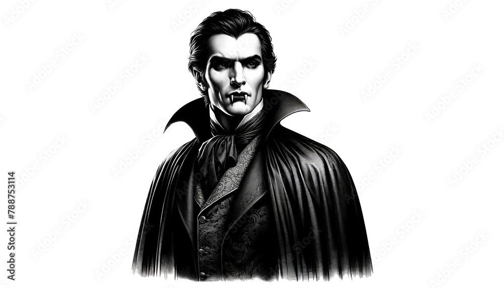A black and white portrait of a vampire with long hair, a widow's peak ...
