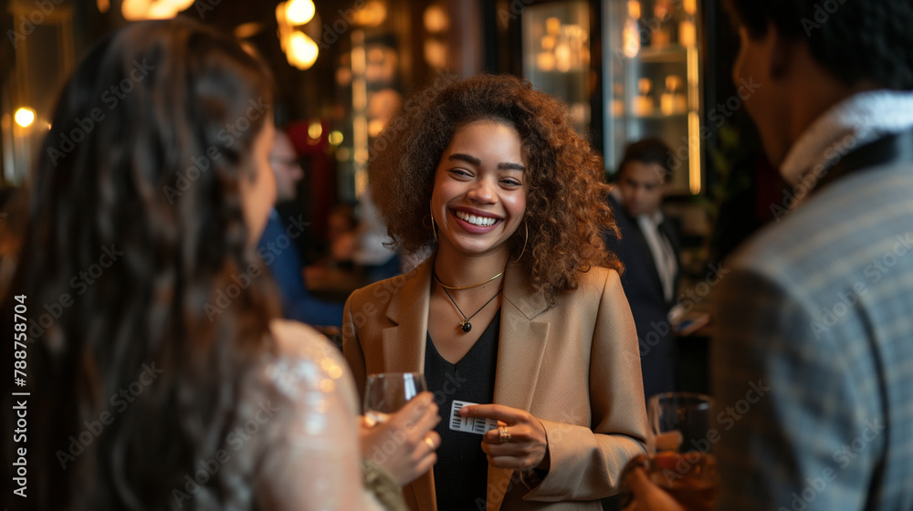 Professionals at a networking event, mingling with bright smiles and ...