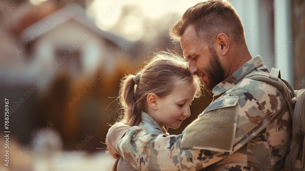 A proud military father standing on the doorstep, embracing his child ...