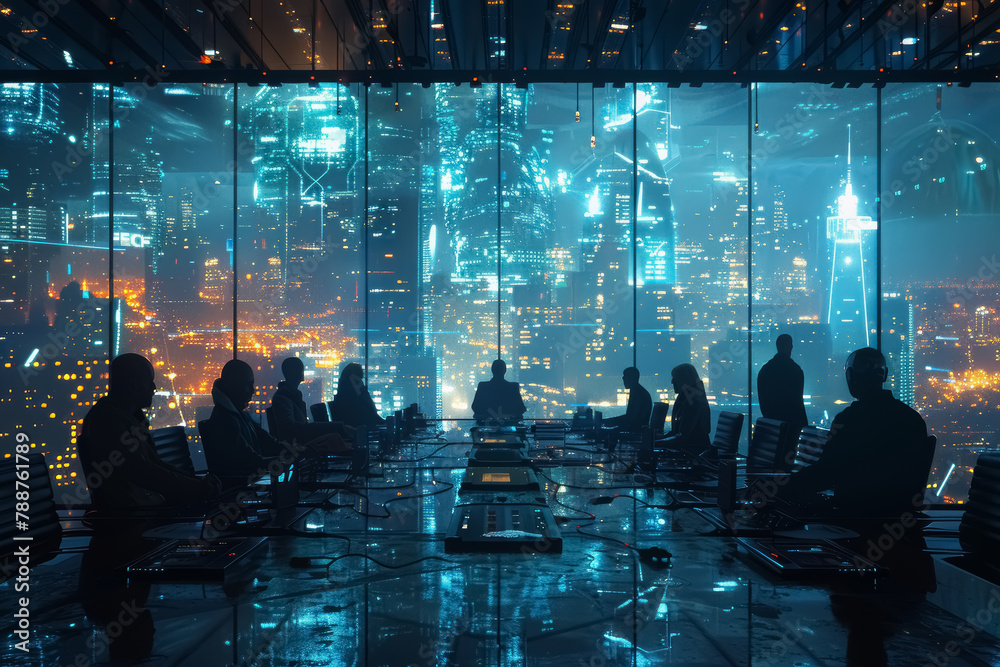 business meeting at night in a high-rise office with panoramic ...