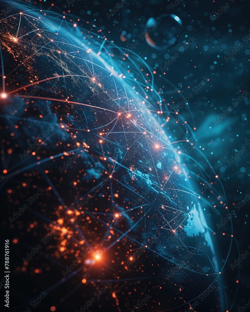 Visualize a futuristic internet system connecting celestial bodies ...