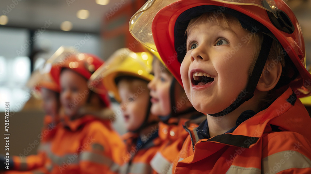 Children learning about fire safety and emergency procedures for their ...