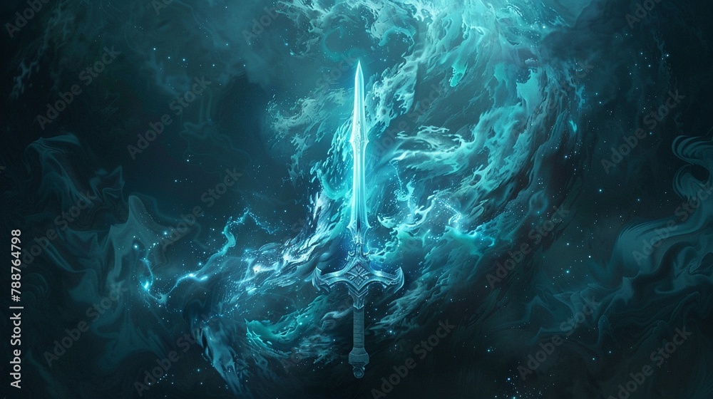 Design a mystical clay sculpture of a glowing sword surrounded by ...