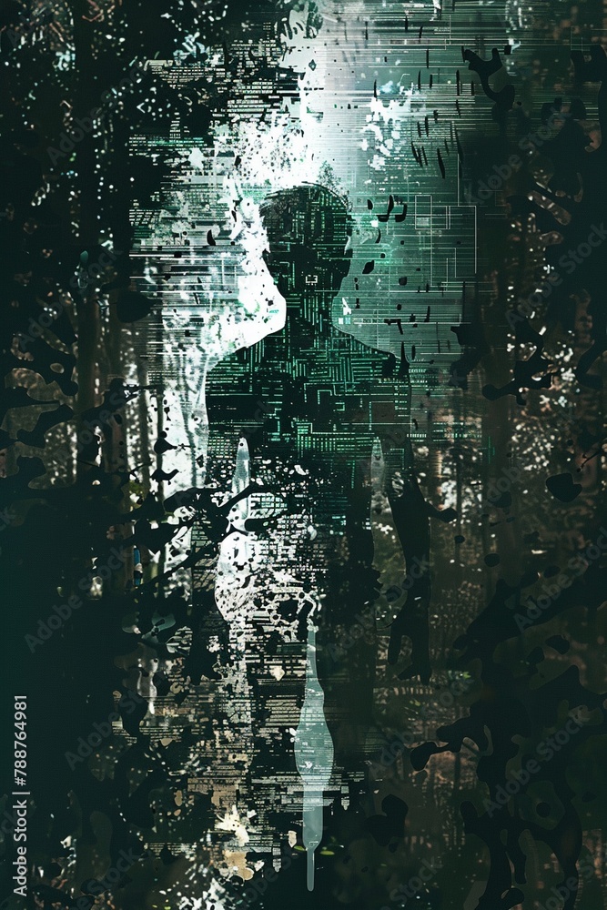 Explore the depths of shadowy mysteries through a digital glitch art ...