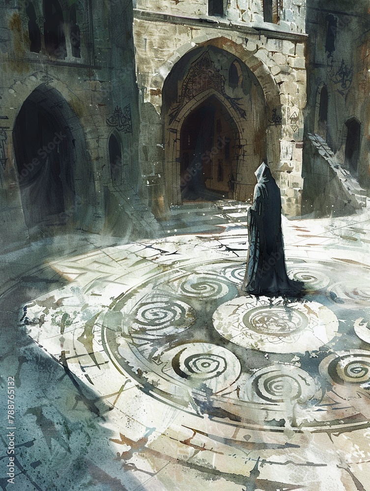 Illustrate an arcane academy courtyard in a detailed watercolor ...