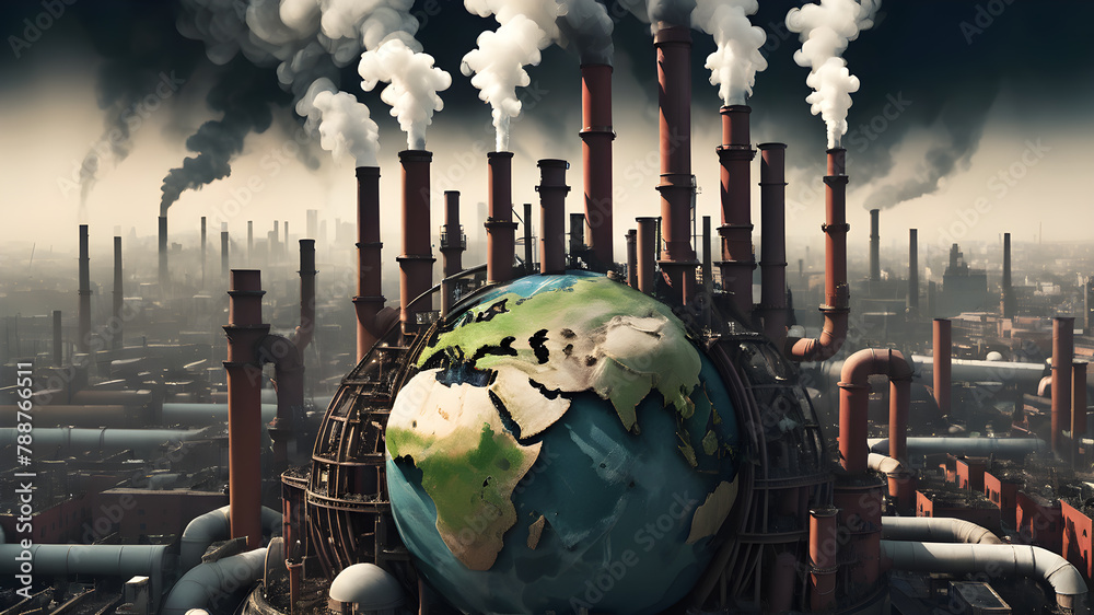 Globe, factory pipes, smoke and air pollution. Pollution of the ...