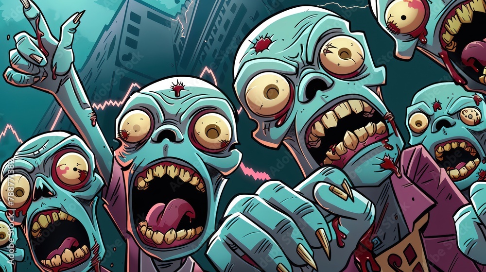 A group of zombie investors analyzes a stock market chart, their ...