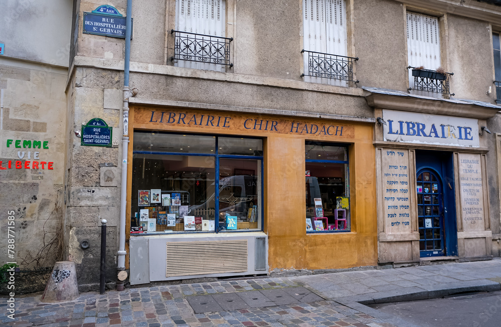 Paris, France - 20.02.2024. Rue des Rosiers street view in Le Marais ...