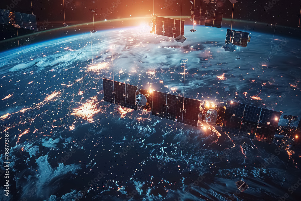 satellite view of earth at night showing city lights and space stations ...