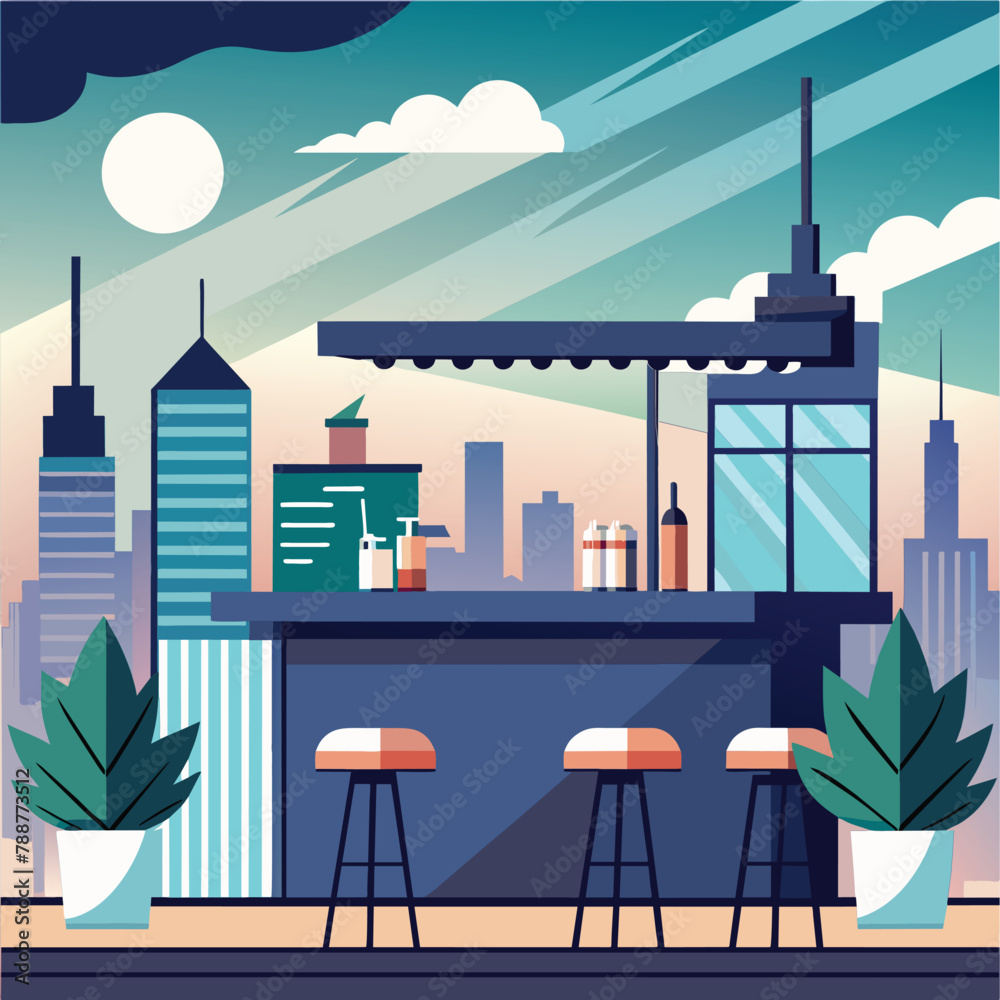 Illustration of a stylish bar with stools against a city backdrop A ...