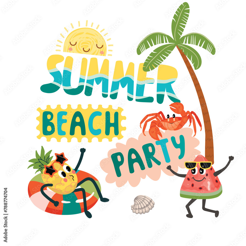 Summer Beach Party Poster With Cute Cartoon Watermelon And Pineapple