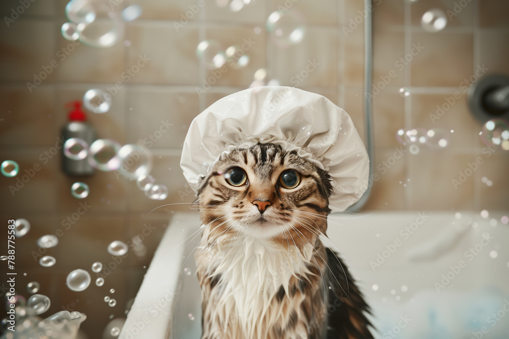 Cute young cat wearing a shower cap while taking a bath at a bathtub ...