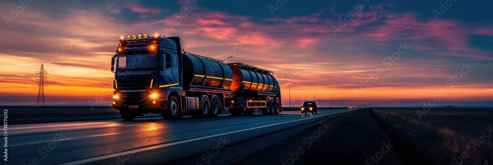 Oil and gas truck on the evening road heading from the oil refinery ...