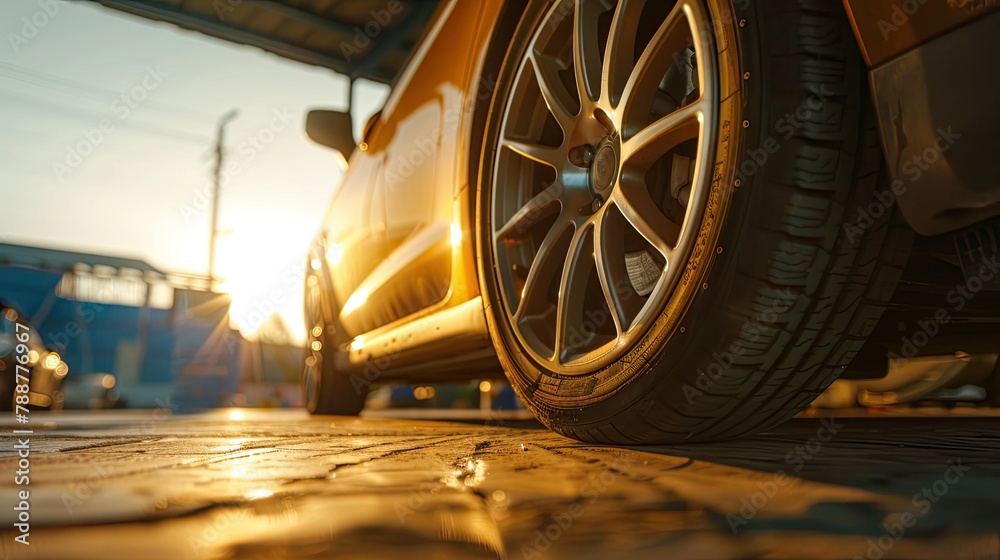 Replacing the sport summer tire on a car wheel at the service station ...