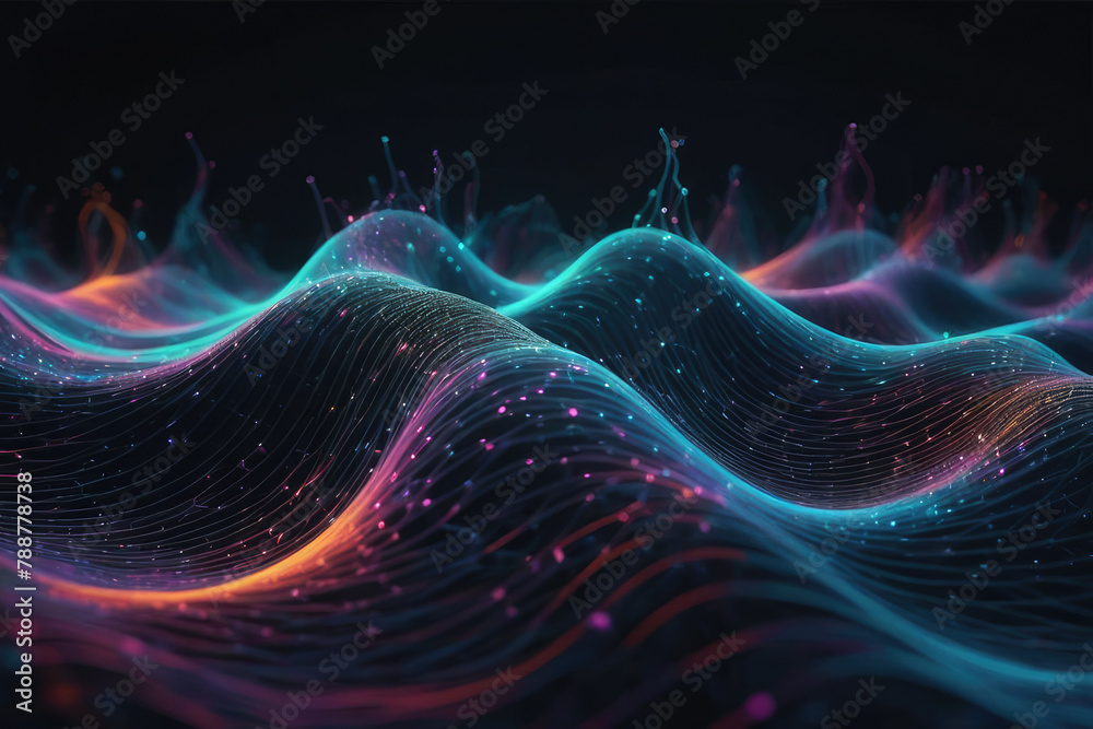 Abstract wave rippling across an inky expanse, network design intertwining with particles ...