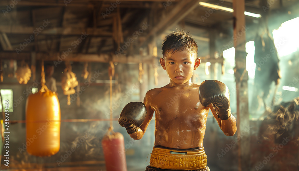 Little Thai Sweaty Warrior: Gloves, Intense Gaze. A young boxer's ...