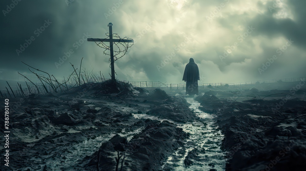 Symbolic representation of Jesus walking a path towards Golgotha, with ...