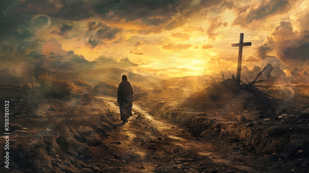Symbolic representation of Jesus walking a path towards Golgotha, with ...