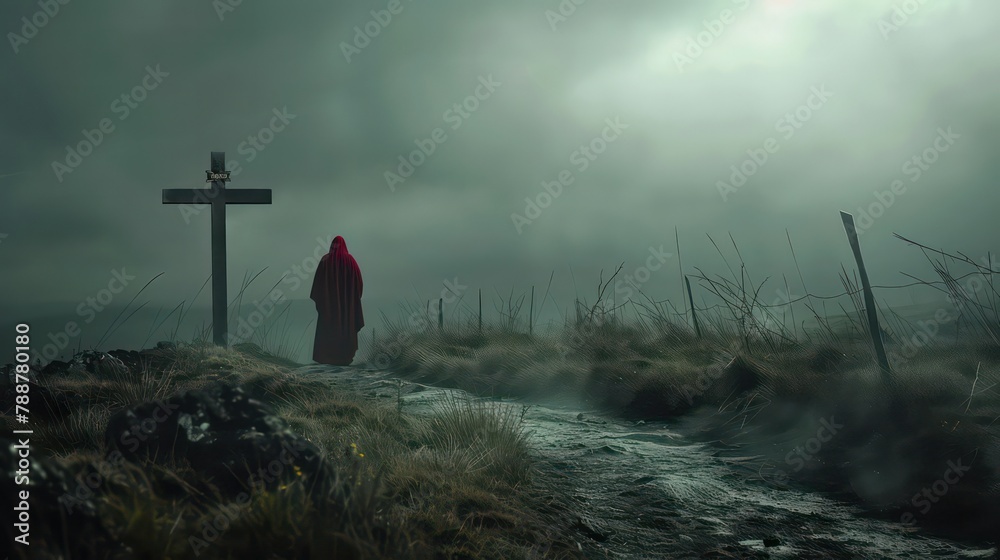 Symbolic representation of Jesus walking a path towards Golgotha, with ...