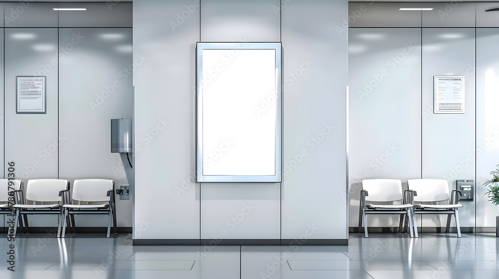 A mockup of an empty white poster on the wall in modern hospital ...