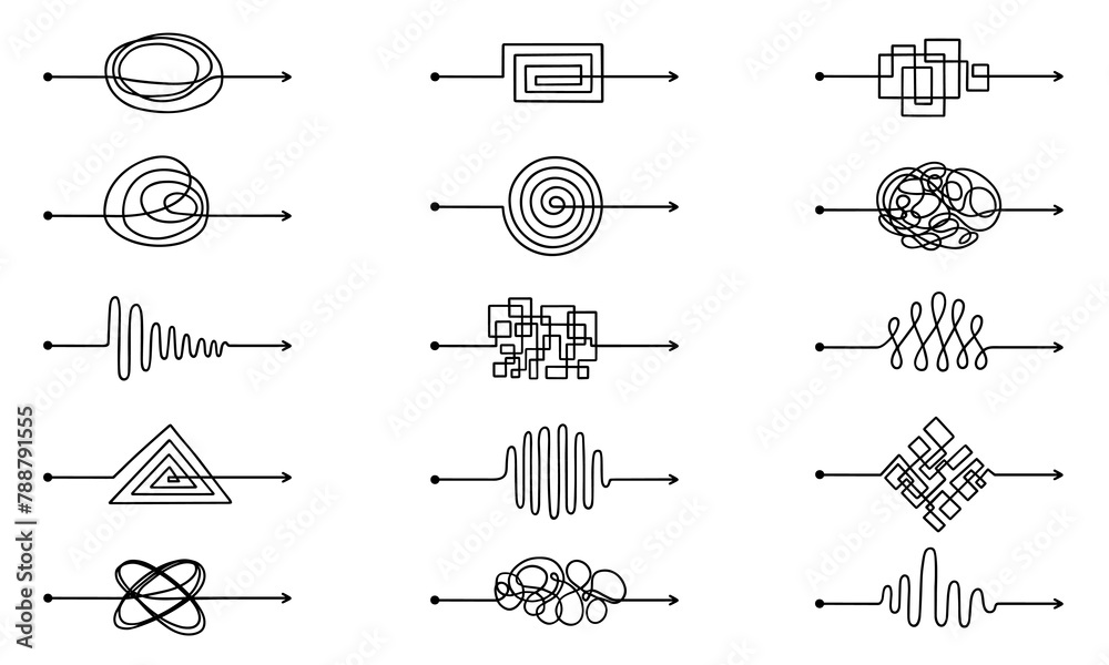Messy arrow lines doodle set. Tangled scribble path, chaos mindset, different ways to solve ...