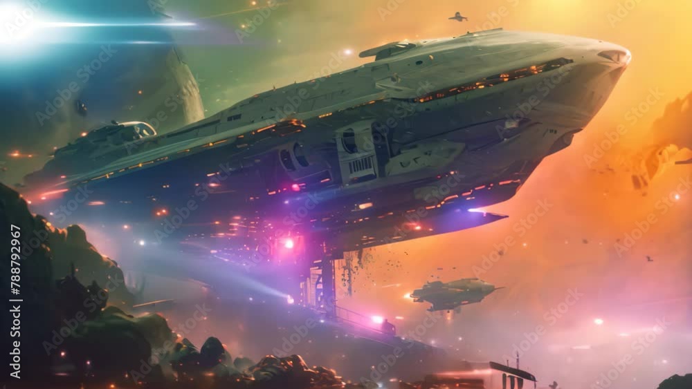 A sci-fi spaceship soars above a bustling city built high in the clouds ...