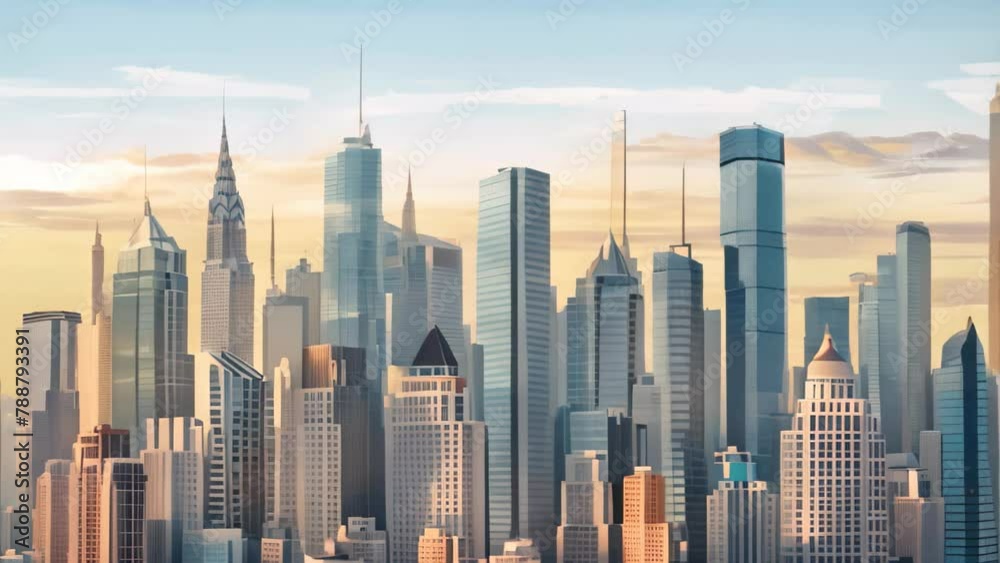 A detailed painting depicting a bustling cityscape filled with towering ...