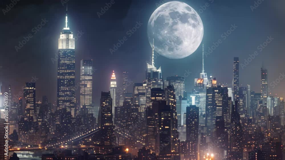 A striking city skyline under the brilliant glow of a full moon ...