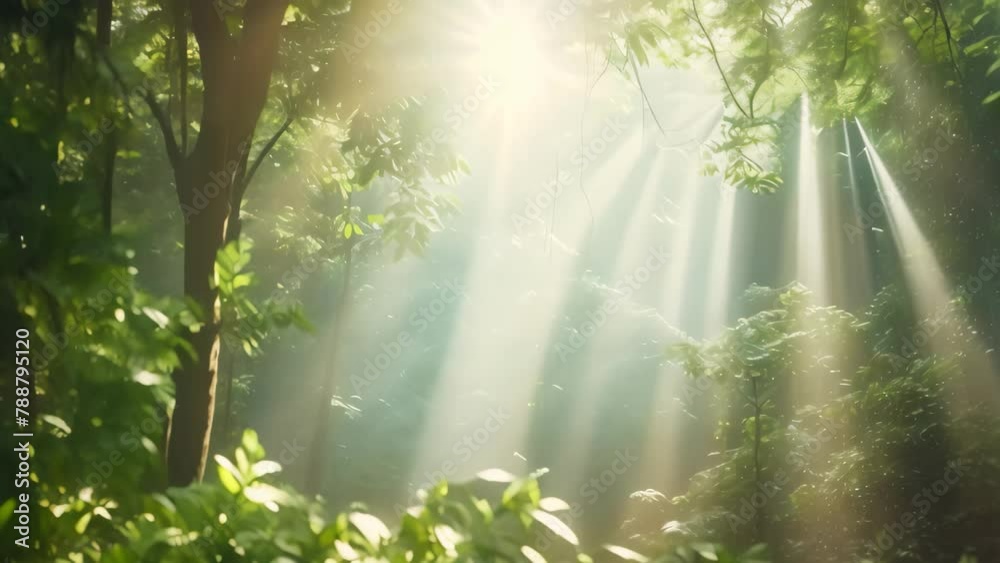 The sun shines through the tall, lush trees in the dense jungle ...