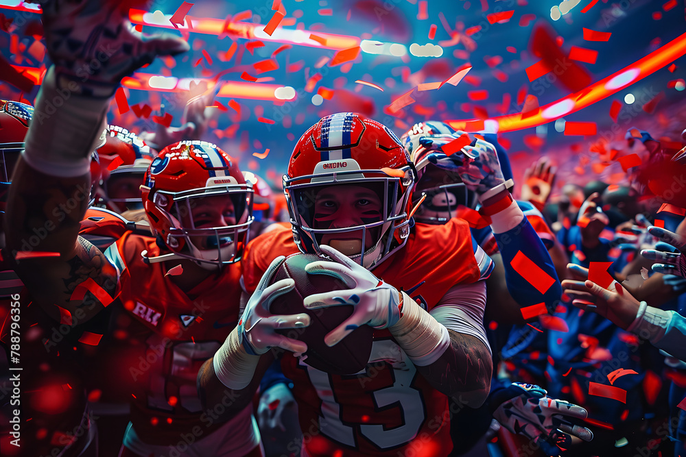An American football team celebrating their victory, with players ...