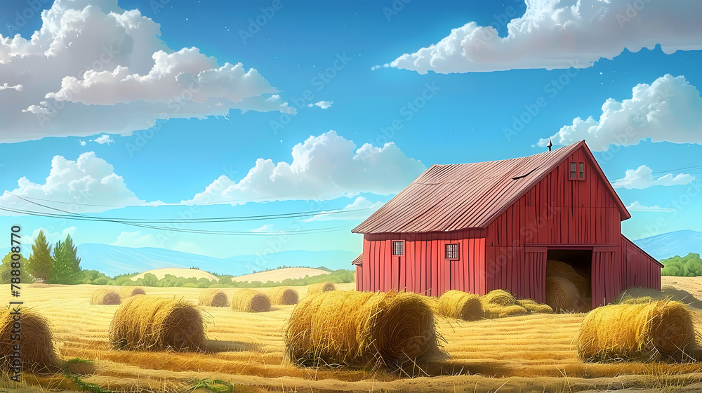 Farm-themed cartoon barn design featuring straw bales and hay piles ...