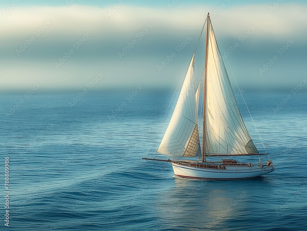 A sailboat is sailing in the ocean. The sky is cloudy and the water is ...