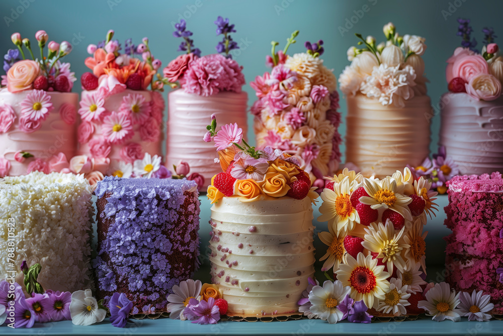 A row of cakes with flowers on top. The cakes are of different colors ...