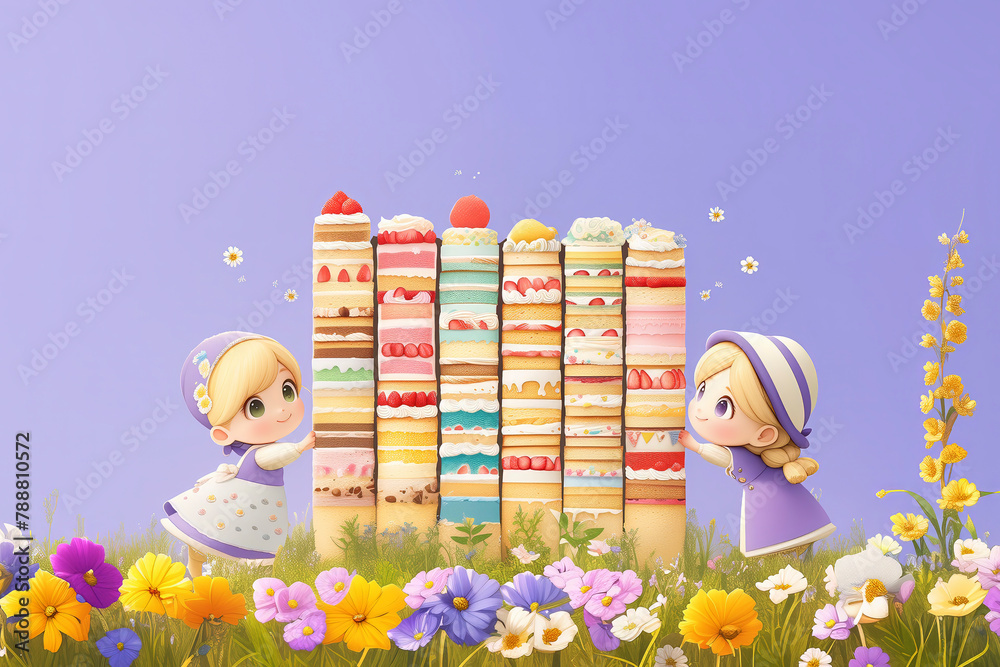 Two little girls are holding a stack of cakes and are surrounded by a ...