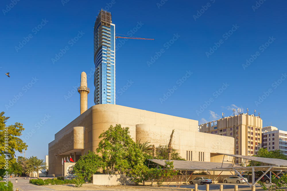 Manama, Bahrain - Jan 08 2024, Bottom-up view of the facade of the ...