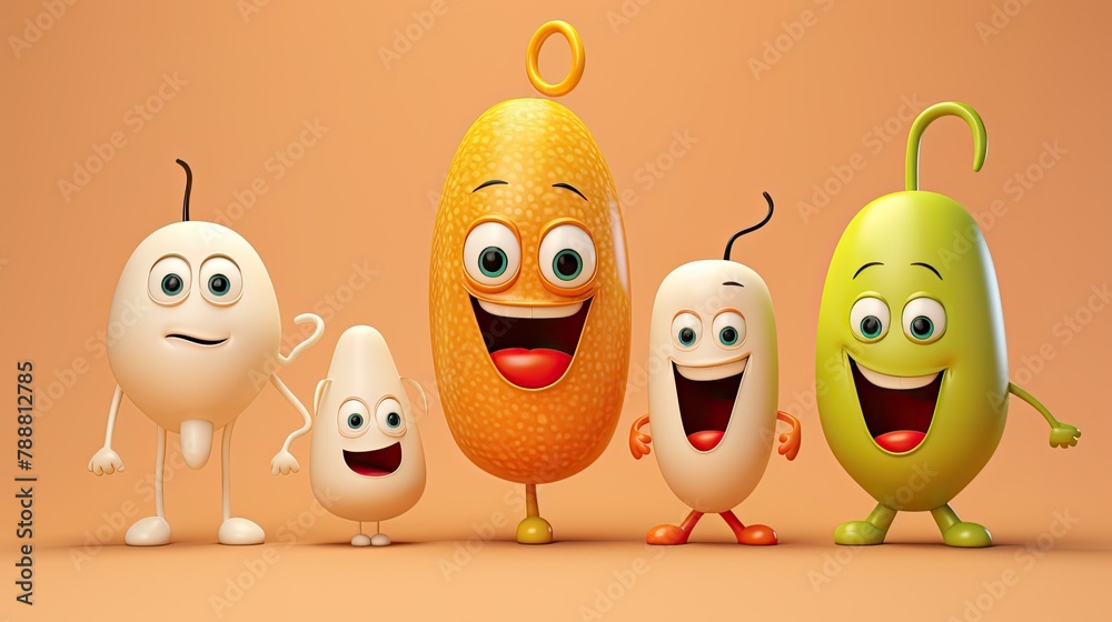 This is a 3D rendering of a group of cartoon characters. There are five ...
