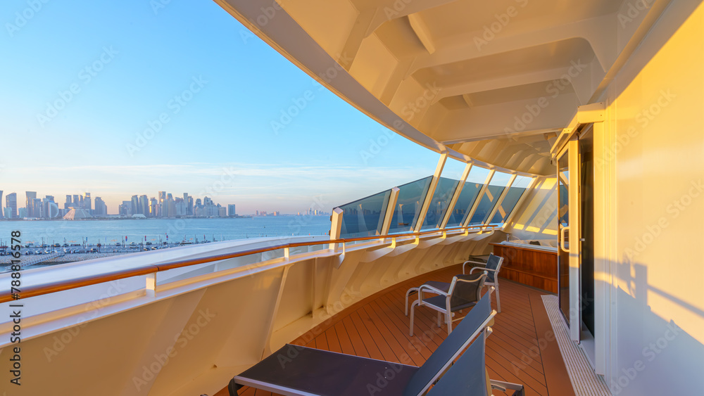 Doha, Qatar - Jan 14 2024, Panoramic view of the terrace from the ...