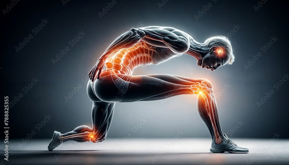 2D Illustration of a running man with painful knee joint highlighted ...