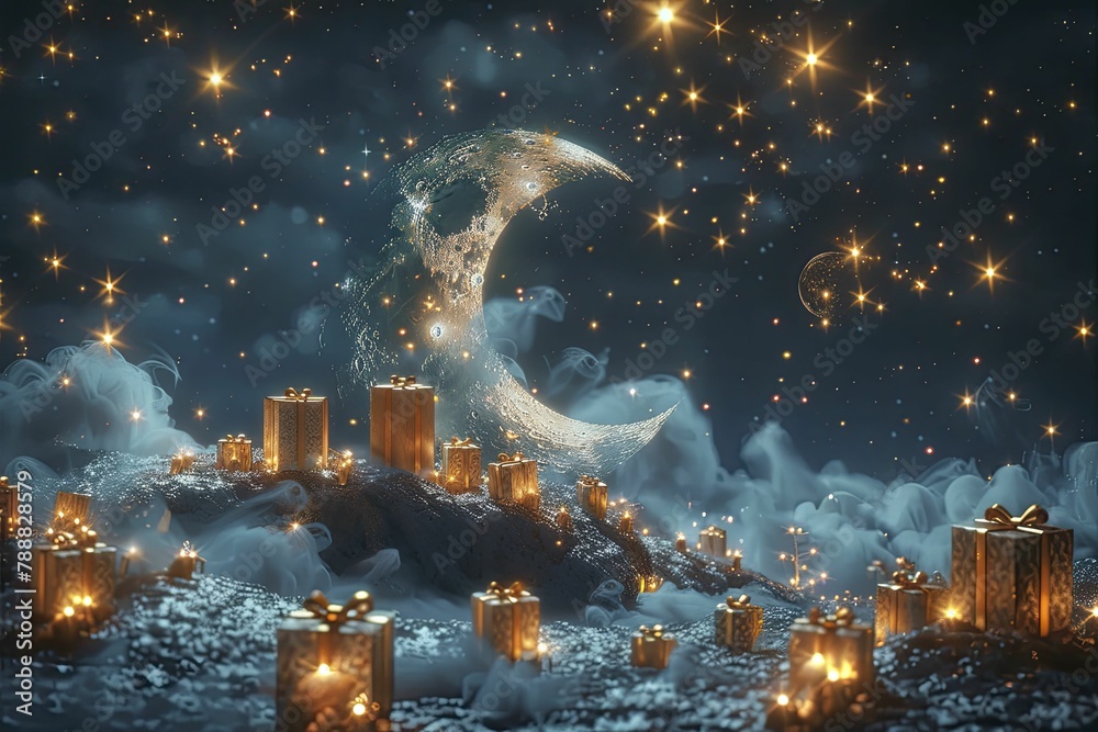 Surreal assembly of gift boxes floating around an oversized moon ...