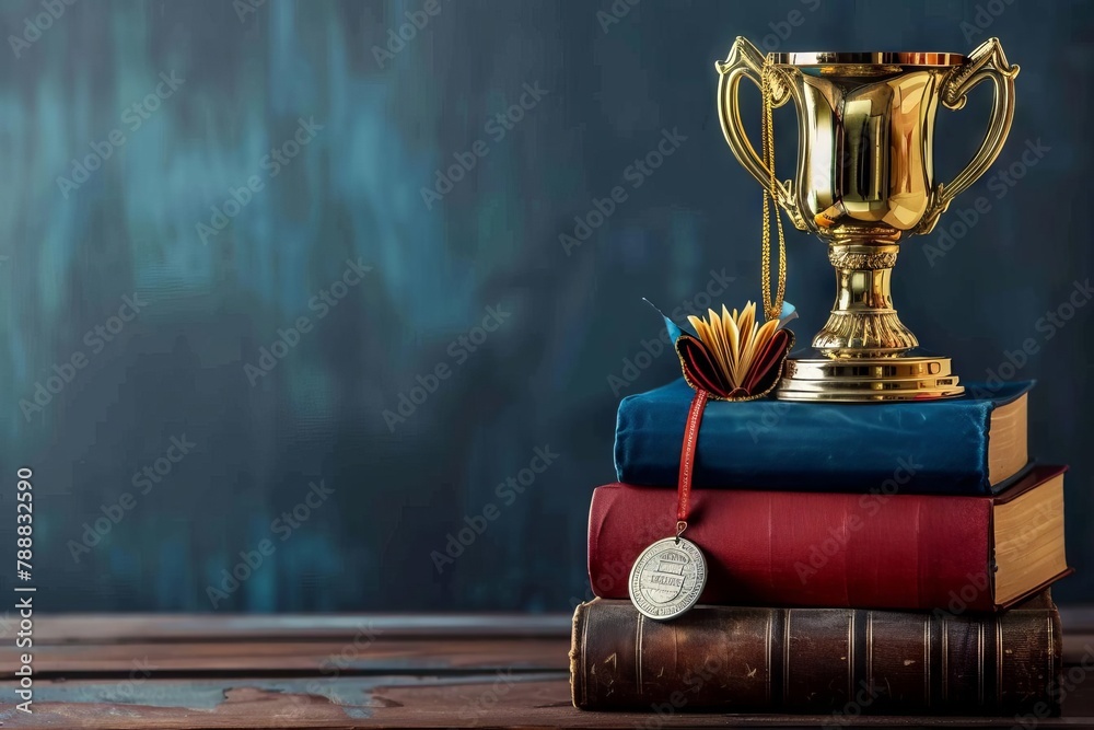 stack of books with golden trophy and medal academic achievement and ...