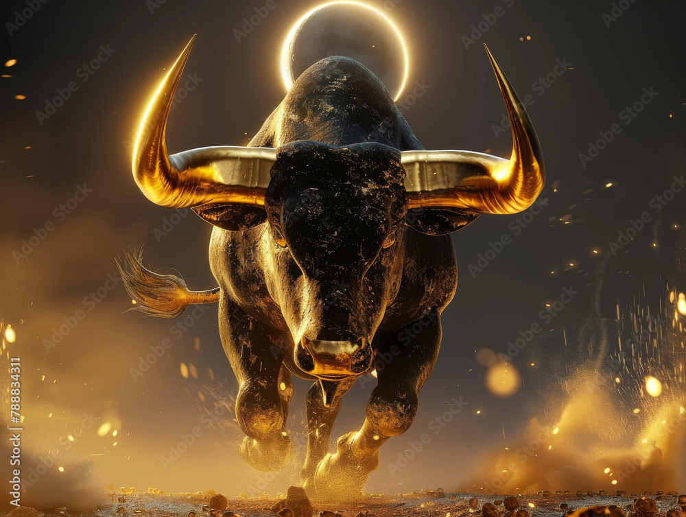 A digital painting of a black bull with glowing golden horns and hooves ...