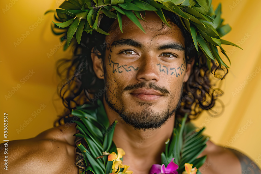 Tattued native hawaiian atlethic young man wearing a traditional haku ...