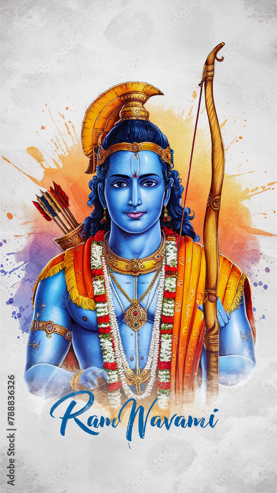 The image portrays a vibrant illustration of Lord Rama with striking ...