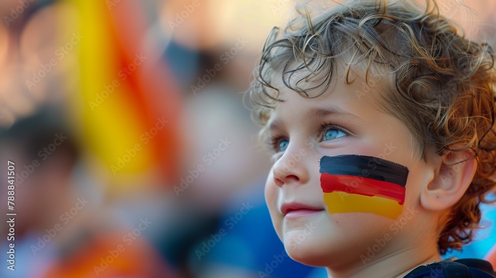 The face of a beautiful child in a football stadium with the German ...