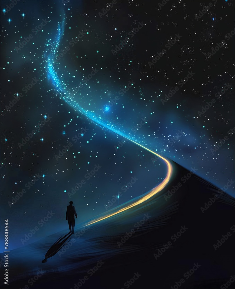starry night sky lone man walking hill key visual apophysis leading ...