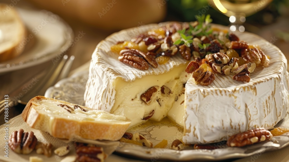 Closeup of a wheel of creamy brie cheese adorned with nuts and dried ...